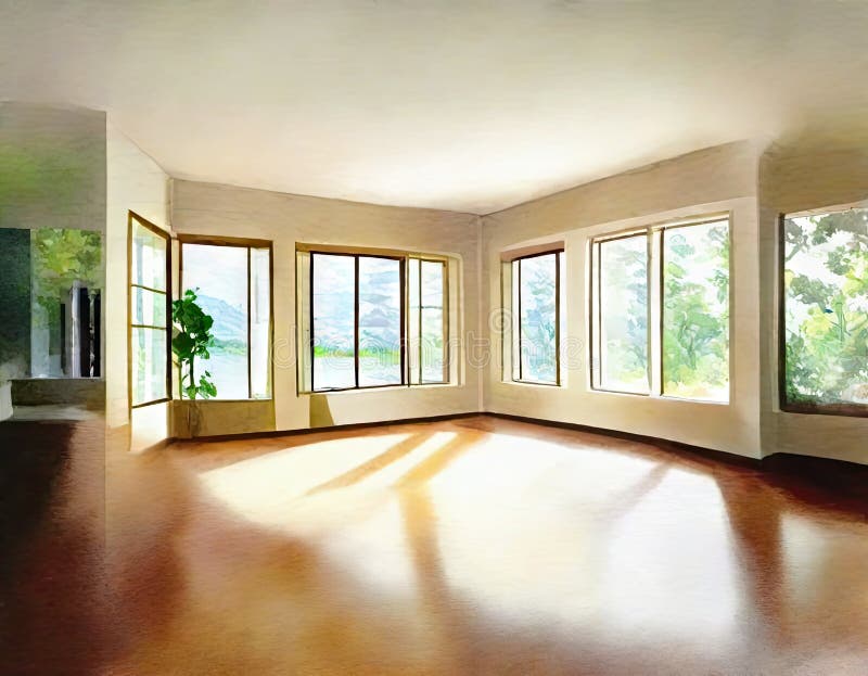 Watercolor of View of a Living Room with a Corner Perspective and a ...