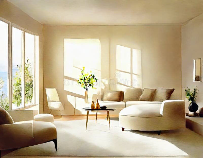 Watercolor of View of Softly Lit Living Room with Stock Illustration ...