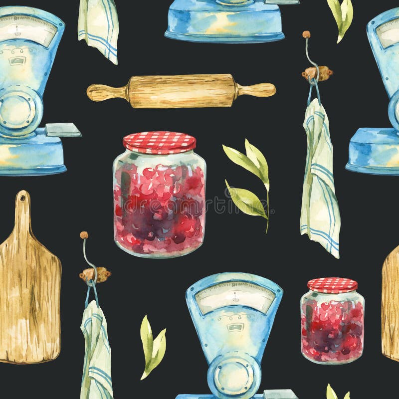 Watercolor Vintage Kitchen Utensils Seamless Pattern. Cooking Objects ...