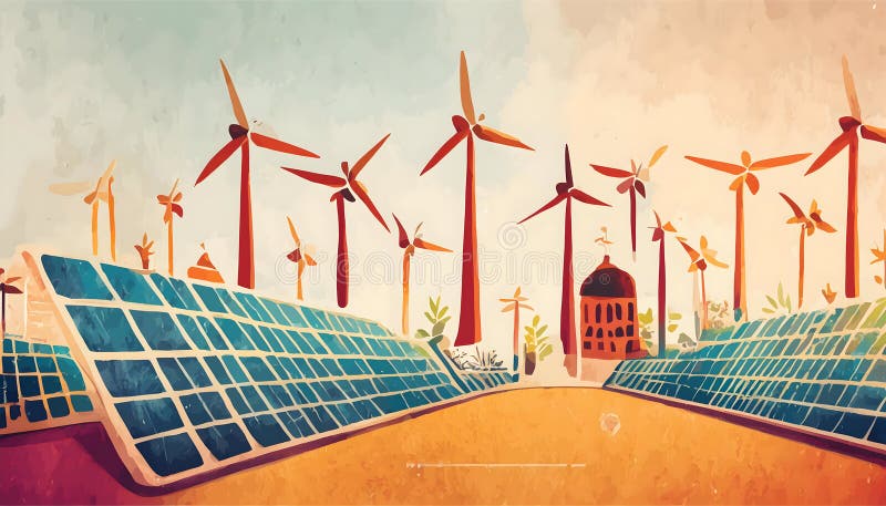 Watercolor Vintage Solar Panels and Wind Power Generation Stock ...