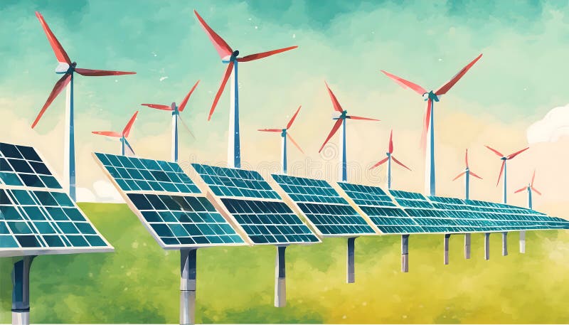 Watercolor Vintage Solar Panels and Wind Power Generation Stock ...