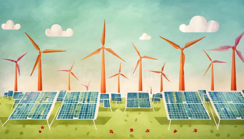 Watercolor Vintage Solar Panels and Wind Power Generation Stock ...