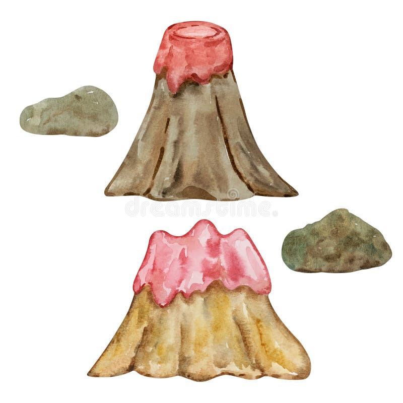 Watercolor Volcano with Magma Set Stock Illustration - Illustration of ...