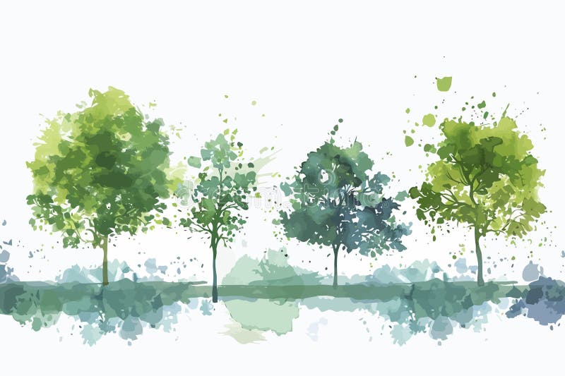 Watercolor Washes and Splatters in Shape of Trees Isolated Illustration ...