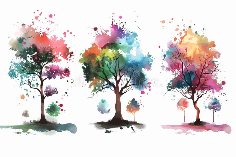 Watercolor Washes and Splatters in Shape of Trees Isolated Illustration ...