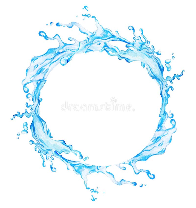 Watercolor Water Splashes, Round Wreath, Hand Drawn Stock Illustration ...