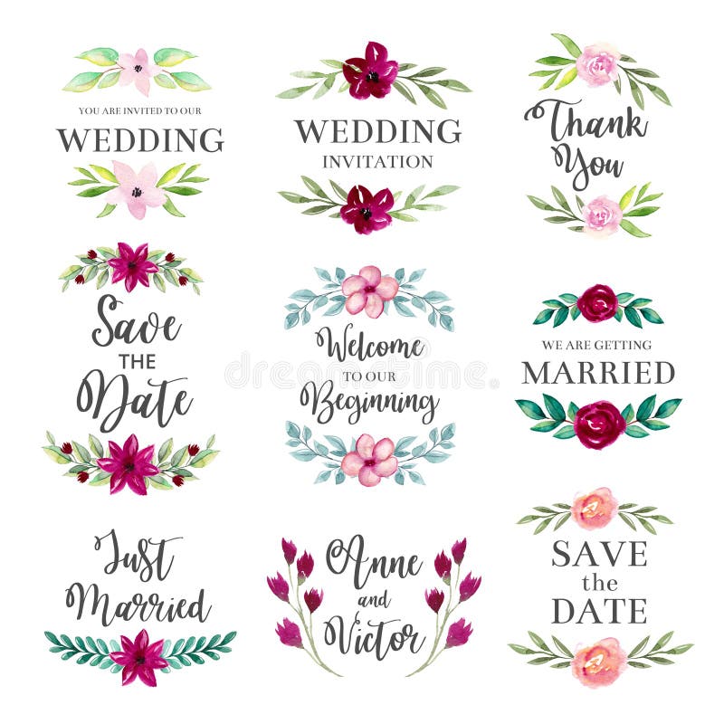 Watercolor Wedding Floral Frames. Wedding Floral Typography Stock ...