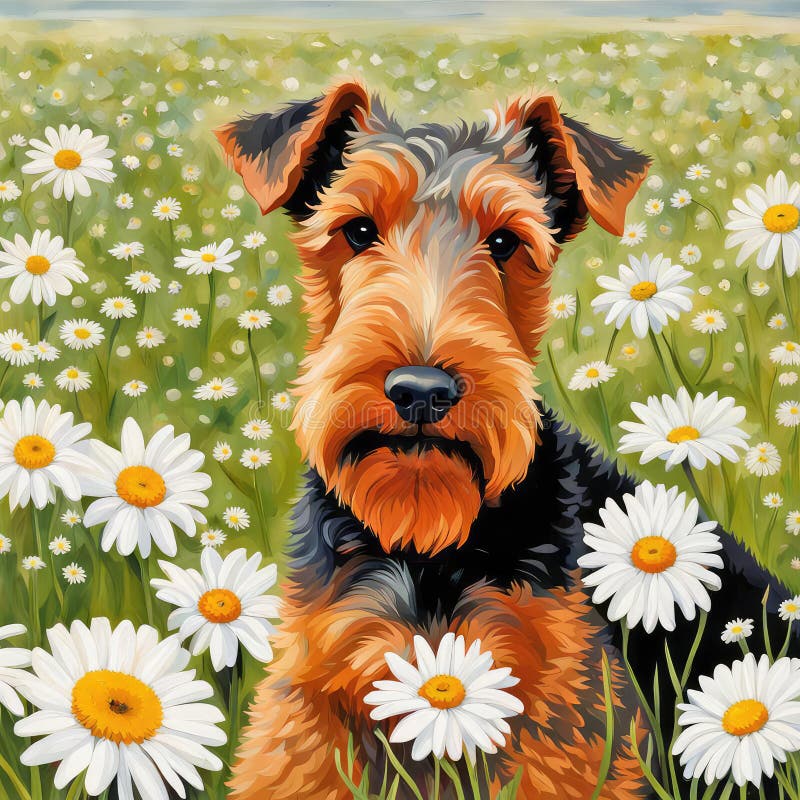 Watercolor Welsh Terrier in Daisy Field Stock Illustration ...