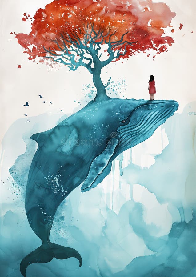Watercolor Whale with Tree and Girl Generative AI Stock Illustration - Illustration of dream ...