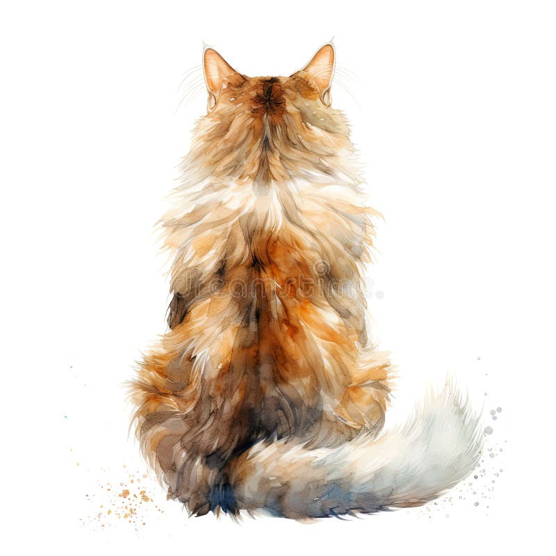 Watercolor White Ginger Cat Sitting Backwards Isolated Stock ...