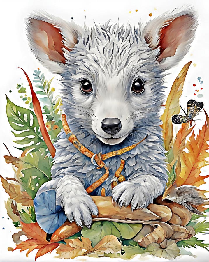 Watercolor White Wolf Cub with Leaves on a White Background. Watercolor ...