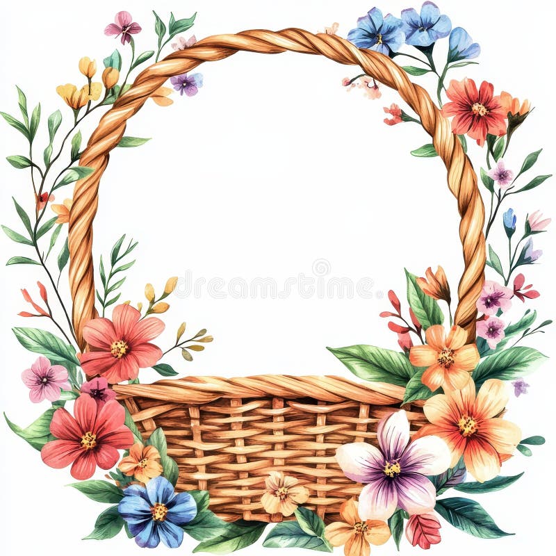 Watercolor Wicker Basket Floral Frame Spring Flowers Botanical Design ...