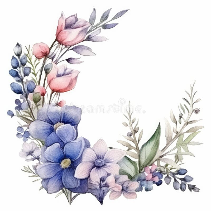 Watercolor Wild Blue Flowers Frame Generative AI Stock Illustration ...