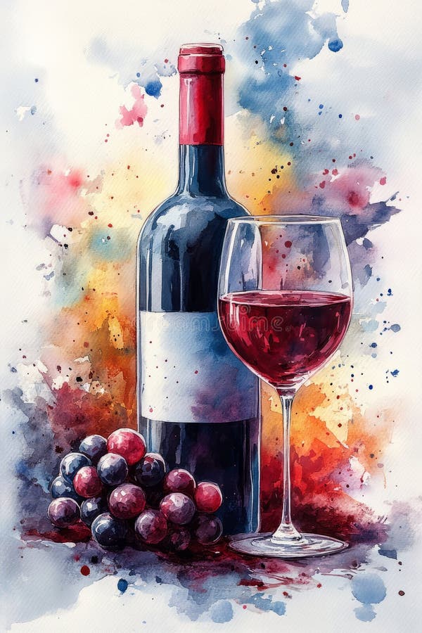 Watercolor Wine Bottle and Glass Still Life Stock Illustration ...
