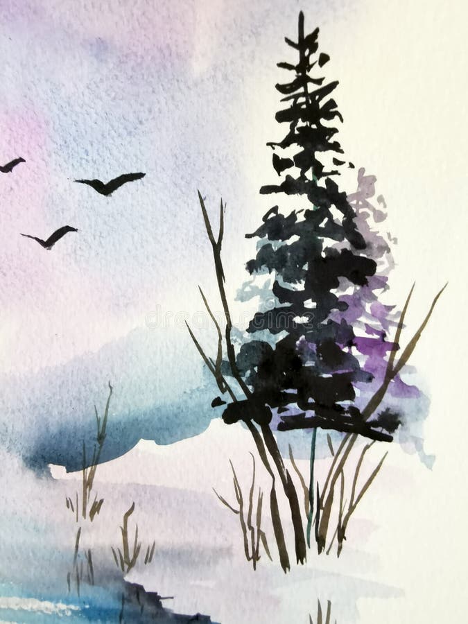 Watercolor Winter Forest, Hand Painted Illustration Stock Illustration ...