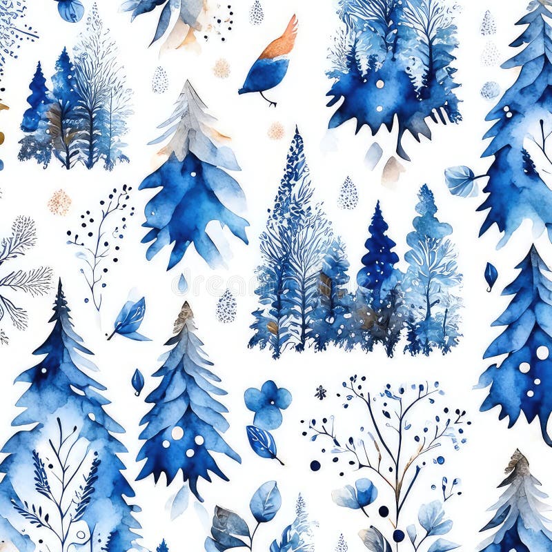 Watercolor Winter Forest Seamless Pattern. Hand Painted Illustration on White Background. AI ...