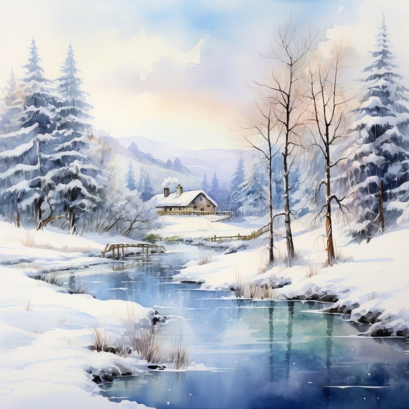 Watercolor Winter Landscape. Watercolor Painting Stock Illustration - Illustration of blue ...