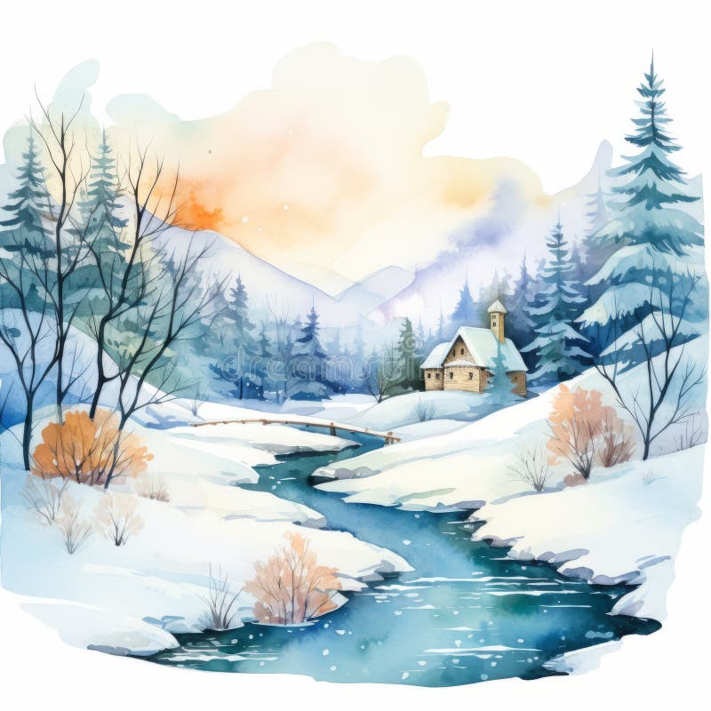 Watercolor Winter Landscape. Watercolor Painting Stock Illustration - Illustration of blue ...