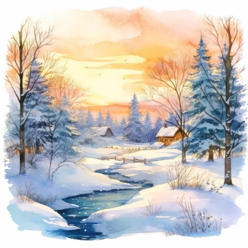 Watercolor Winter Landscape. Watercolor Painting Stock Illustration - Illustration of banner ...
