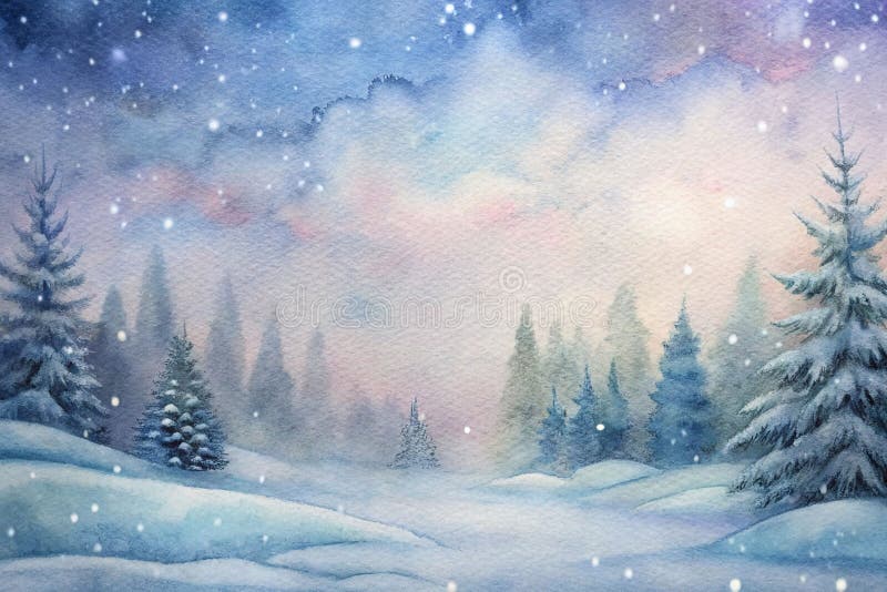 Watercolor Winter Landscape, Snowy Forest at Night Stock Illustration ...