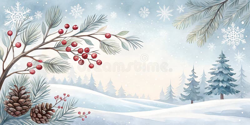 Watercolor Winter Scene with Pine Branches Red Berries and Snow Stock ...