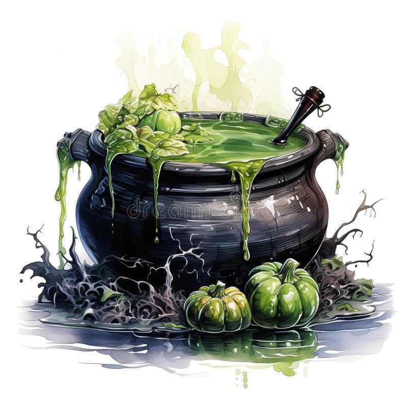 Watercolor Witch S Cauldron, Boiling Magic Potion. Generative Ai Stock ...