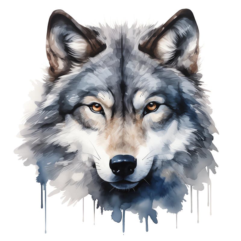 Watercolor Wolf Portrait with Cool Tones on a White Background Stock ...