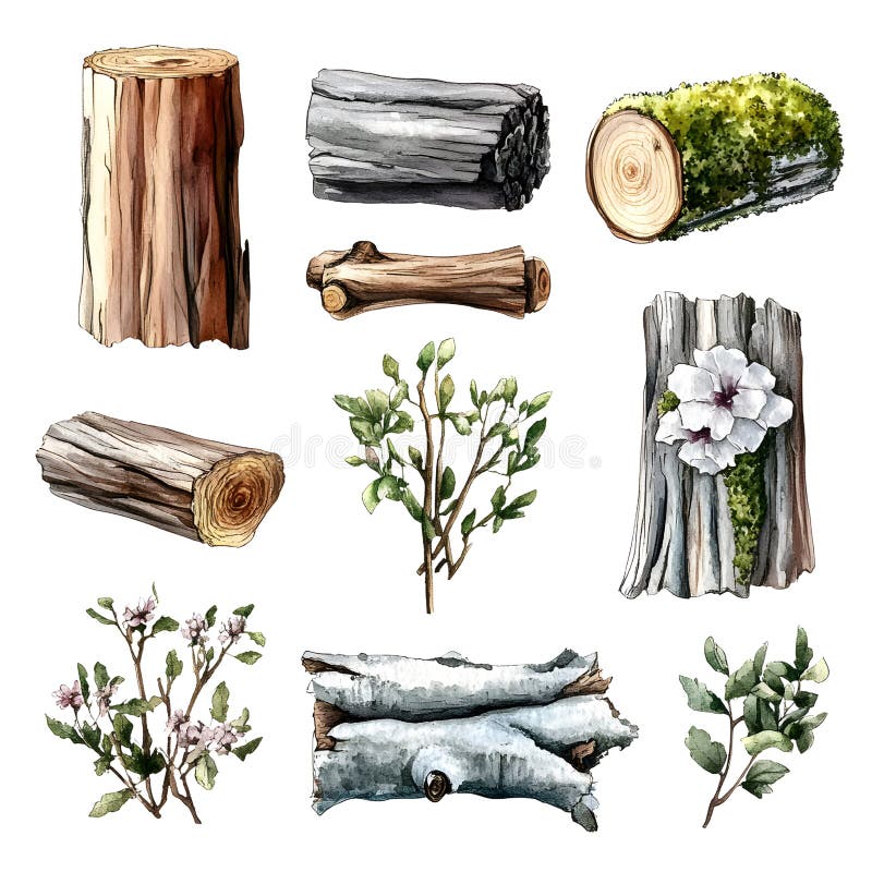 Watercolor Wood Logs and Branches Collection Stock Illustration ...