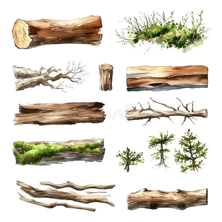 Watercolor Wood Logs Collection - Tree Branches and Plants Stock Image ...