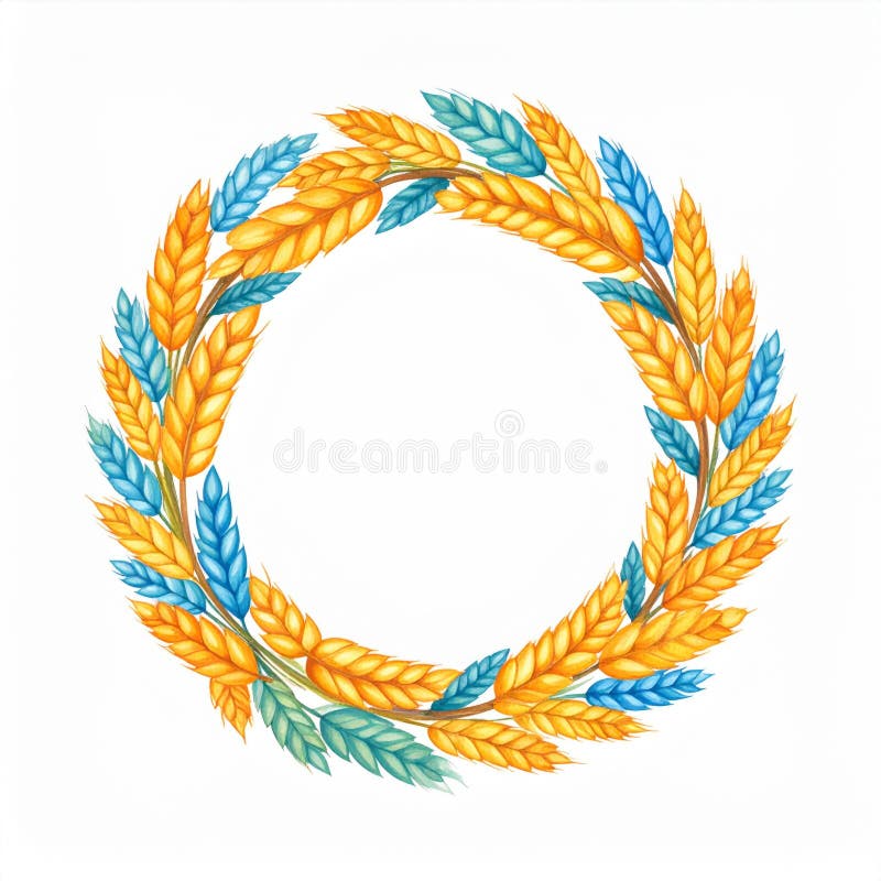 Watercolor Wreath of Golden and Blue Wheat Stock Illustration ...