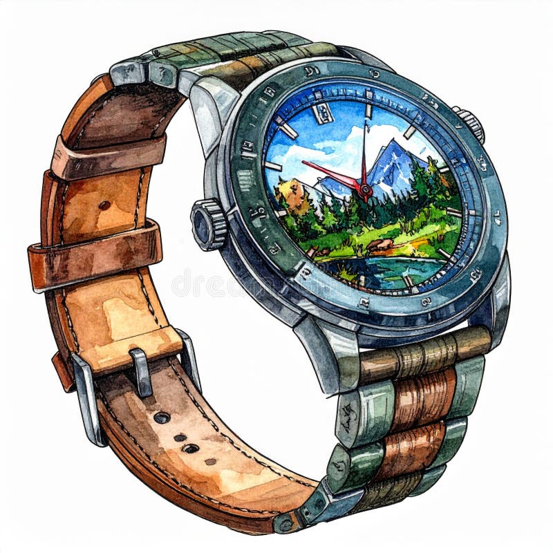 Watercolor Wristwatch with Mountain Landscape Dial Stock Image ...