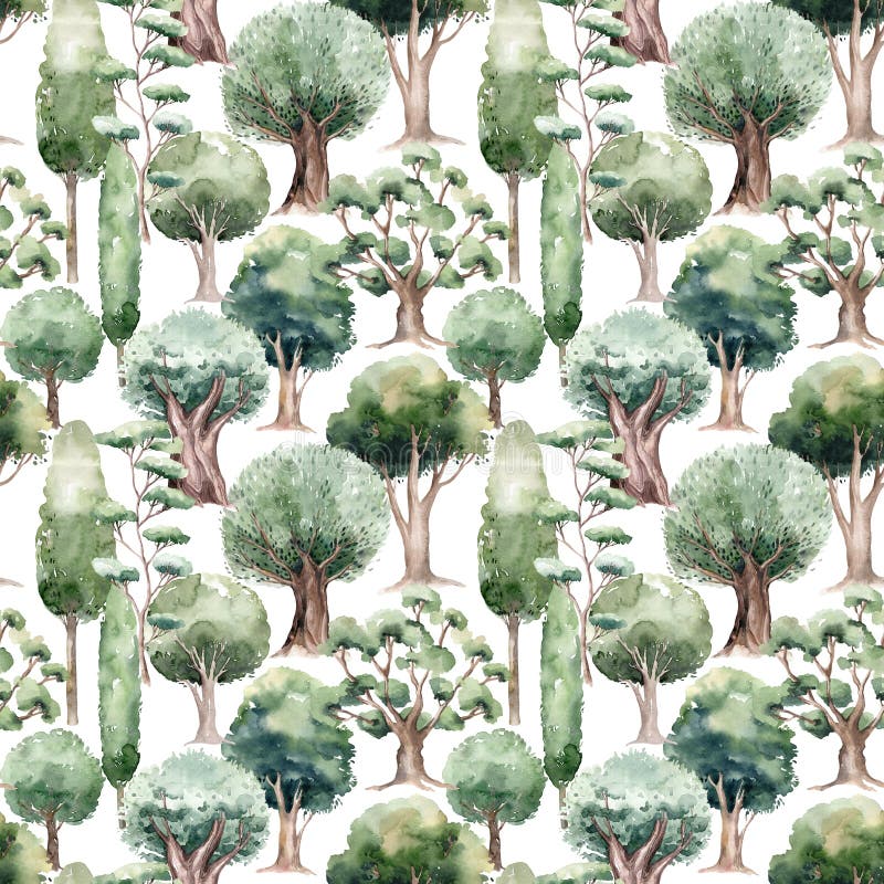 Watercolored Green Oak Tree Seamless Pattern. Landscape Background ...