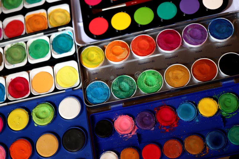 Watercolors in boxes stock photo. Image of paintbrush - 221607916