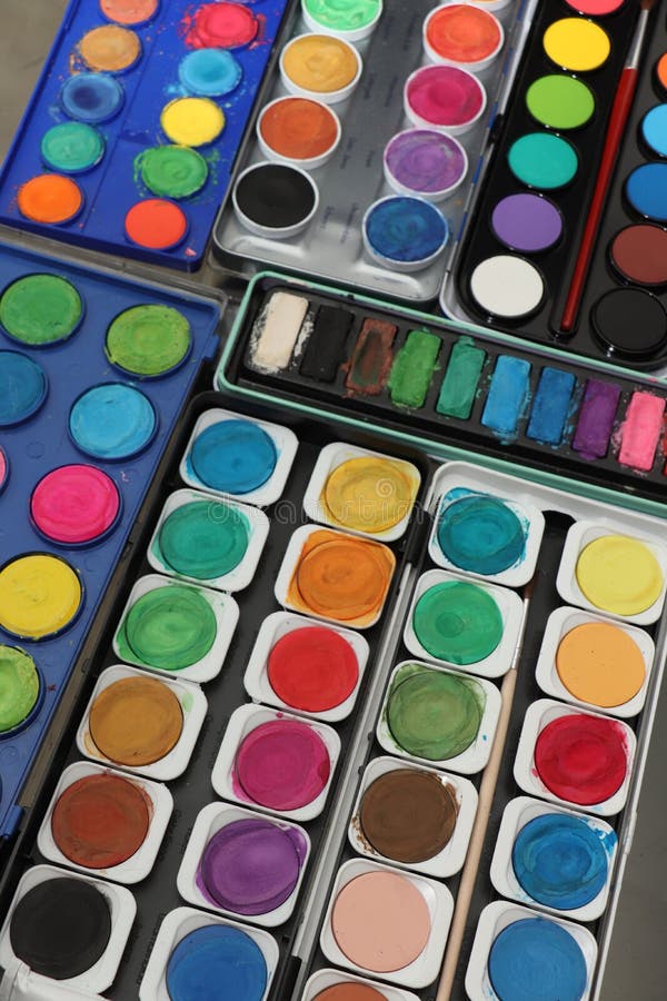 Watercolors in boxes stock photo. Image of paintbrush - 221607916