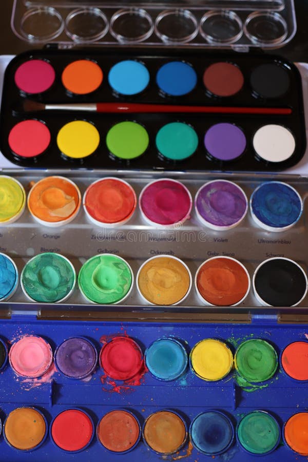 Watercolors in boxes stock photo. Image of paintbrush - 221607916