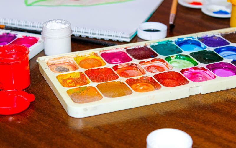 Watercolors, Brushes and Drawing Paper are Prepared on the Table Stock ...