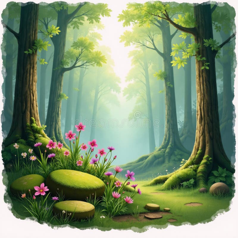 Watercolorstyle Forest Landscape with Border Stock Illustration ...