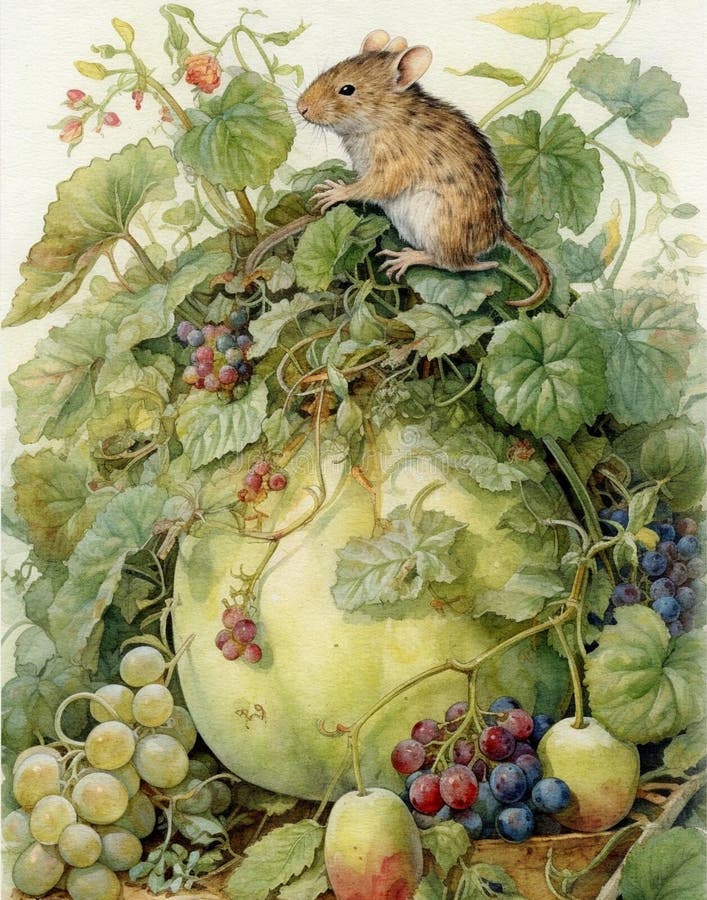 Watercolor Drawing of Rodents in the Garden, Mice Eat Vegetables in the ...