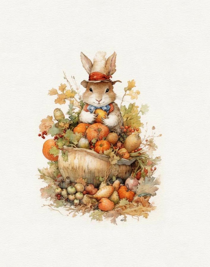 Watercolor Drawing of Autumn, Animal with Autumn Harvest of Vegetables ...