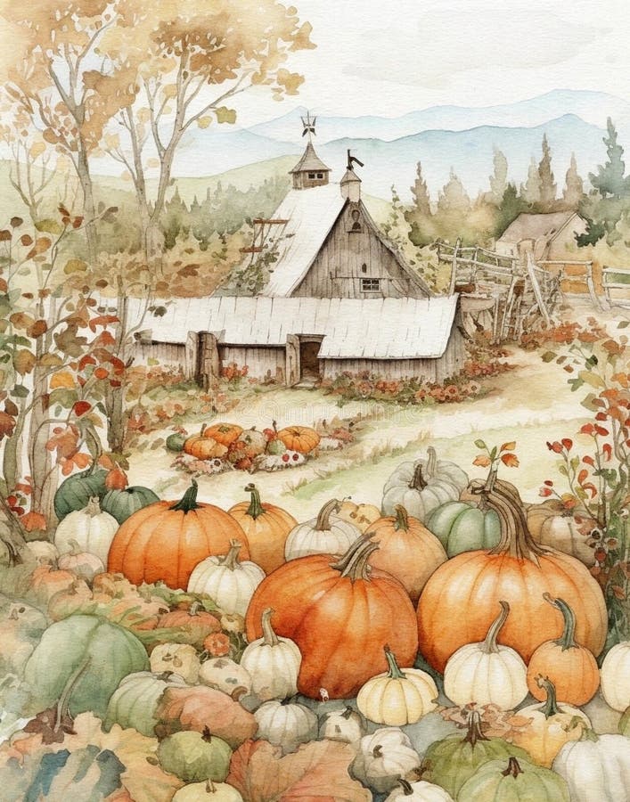 Watercolor Drawing of Autumn, Pumpkin Field and Wooden House on the ...
