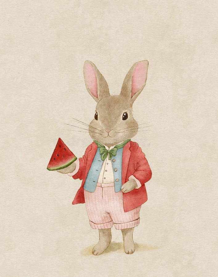 Watermelon and Rabbit Watercolor Drawing, Summer Pattern, Fruit Sticker ...