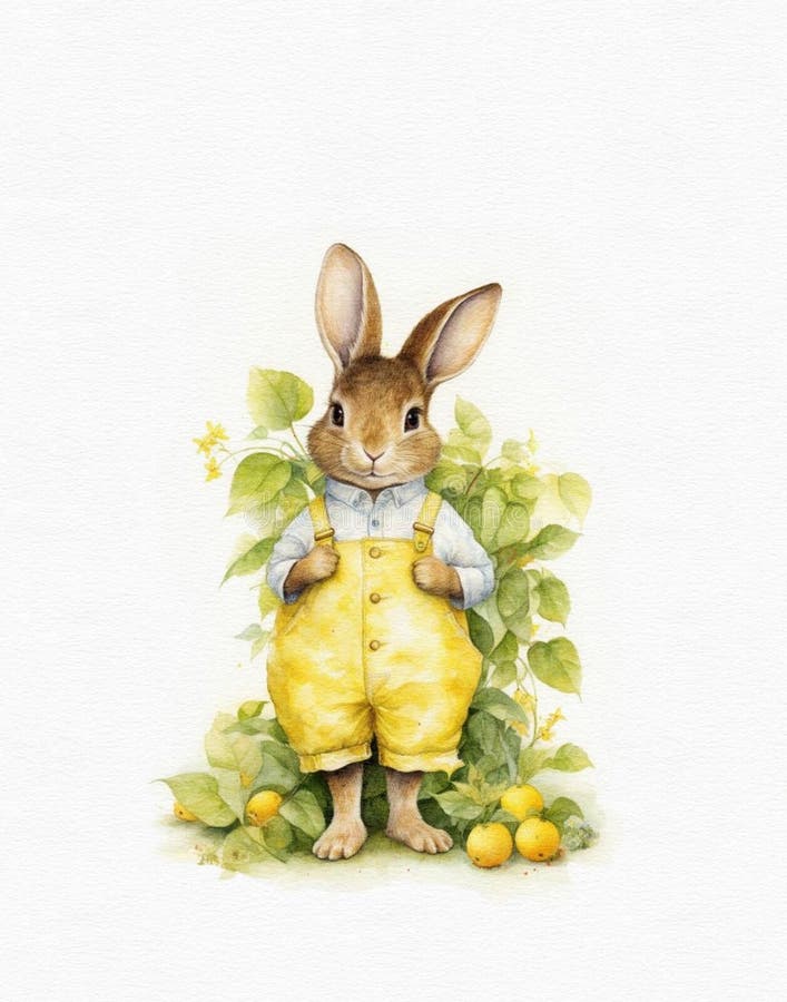 Watercolor Drawing of a Rabbit in Yellow Clothes with Lemons, a Bunny ...