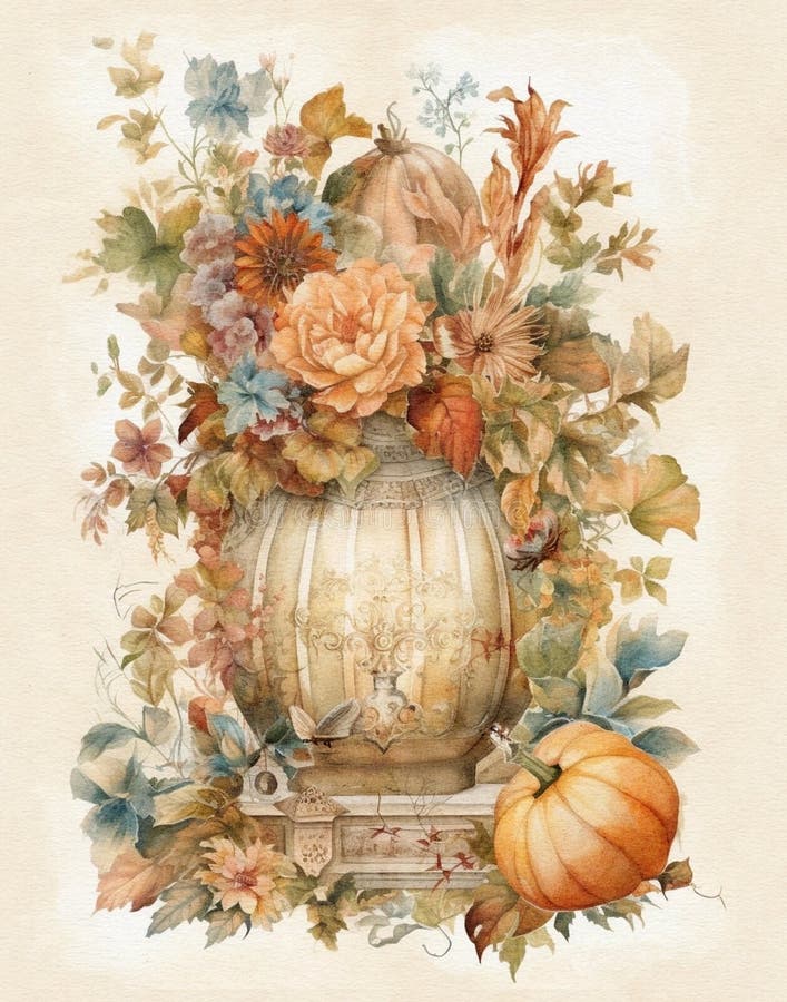 Autumn Flower Arrangement, Festive Fall Card with Foliage and Pumpkin ...
