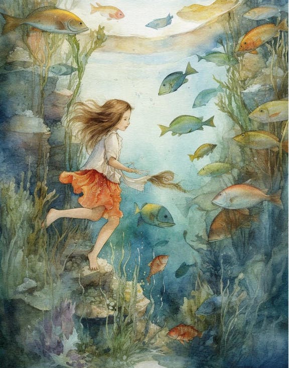 Watercolor Drawing Girl Life Under Water, Fantasy Underwater Stock ...