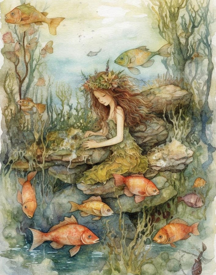 Watercolor Drawing Girl Life Under Water, Fantasy Underwater Stock ...