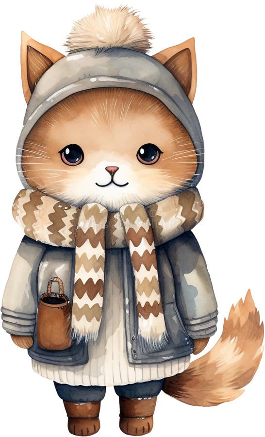 Watercolor Feline Winter Wonderland Clipart Kawaii Cat Nursery Animals ...
