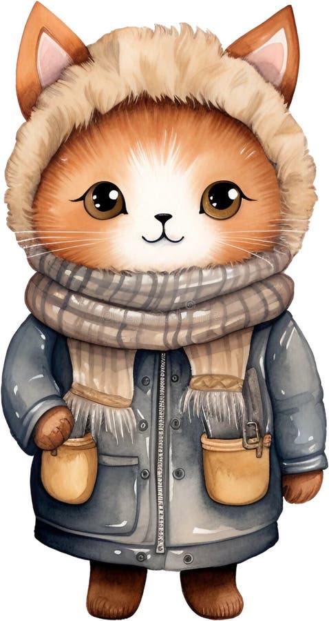 Watercolor Feline Winter Wonderland Clipart Kawaii Cat Nursery Animals ...