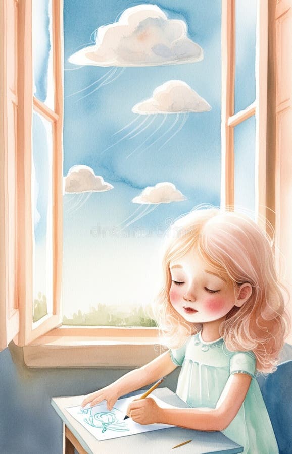 Drawing Girl by the Window: a Watercolor Reverie Stock Illustration ...