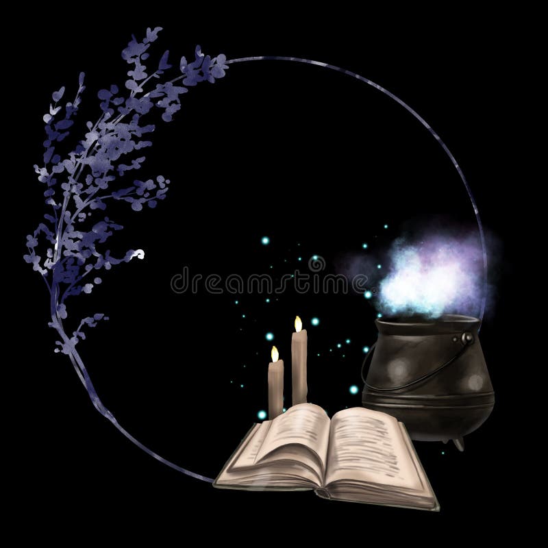 Watercolour Gold Frame with Magic and Book. Realistic Illustration ...