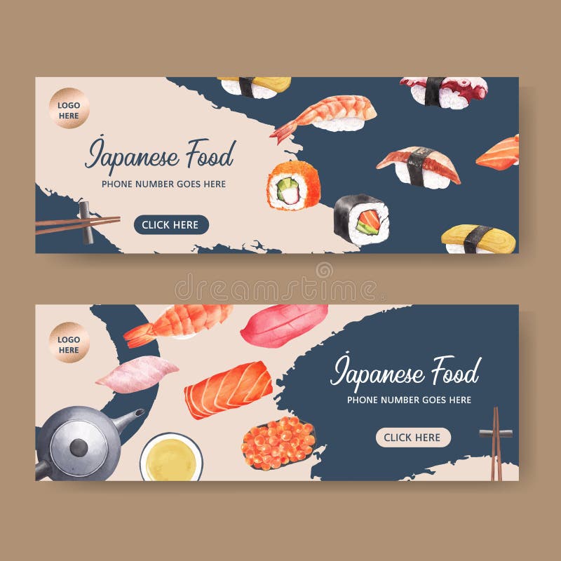 Watercolour Illustration Design with Creative Sushi-themed for Banners ...